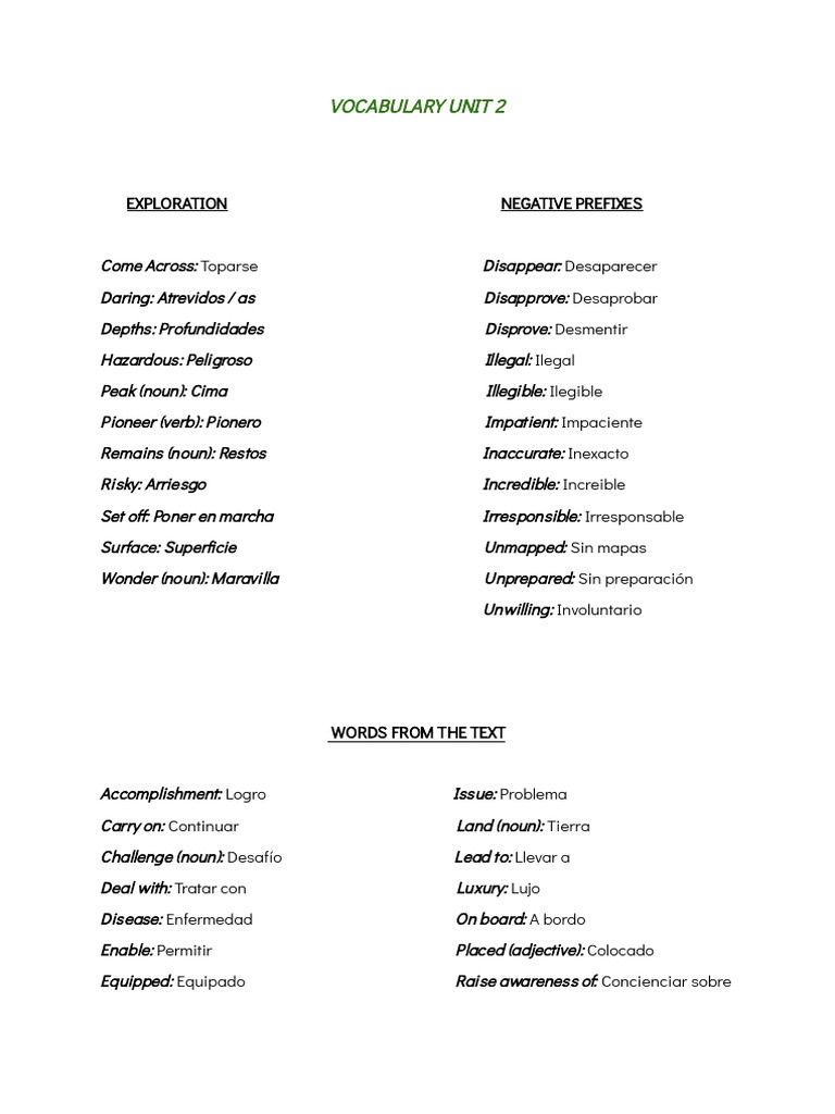Vocabulario Unit 2 | PDF