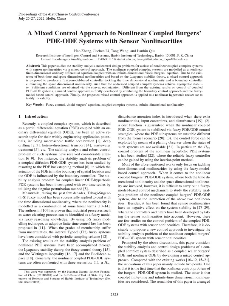 Control of Nonlinear Coupled Burgers' PDE-ODE Systems With Sensor Nonlinearities A Mixed Control ...