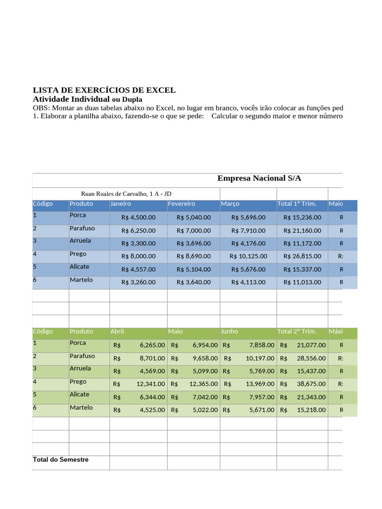 Lista de Exercícios de Excel | PDF
