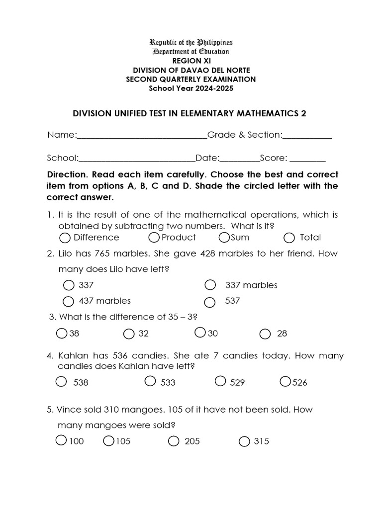 Grade 2 Math 2nd Quarter Exam 2025 | PDF | Multiplication | Arithmetic