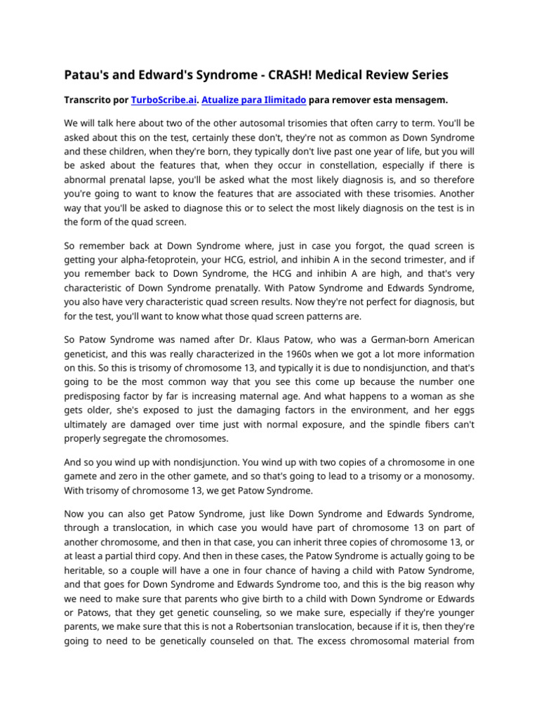 Patau's and Edward's Syndrome - CRASH! Medical Review Series | PDF ...