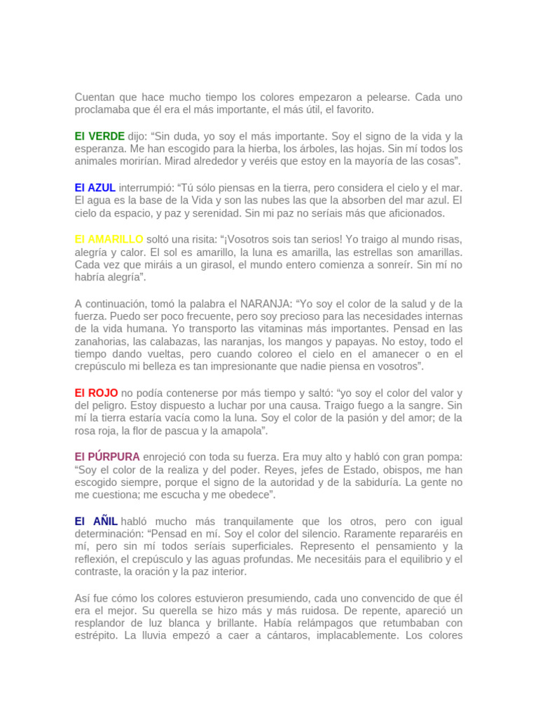 Cuentan Que Hace Mucho Tiempo Los Colores Empezaron A Pelearse | PDF ...