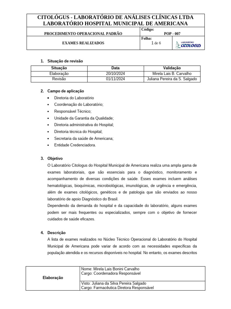 POP 007 - Exames Realizados | PDF | Hospital | Líquido cefalorraquidiano