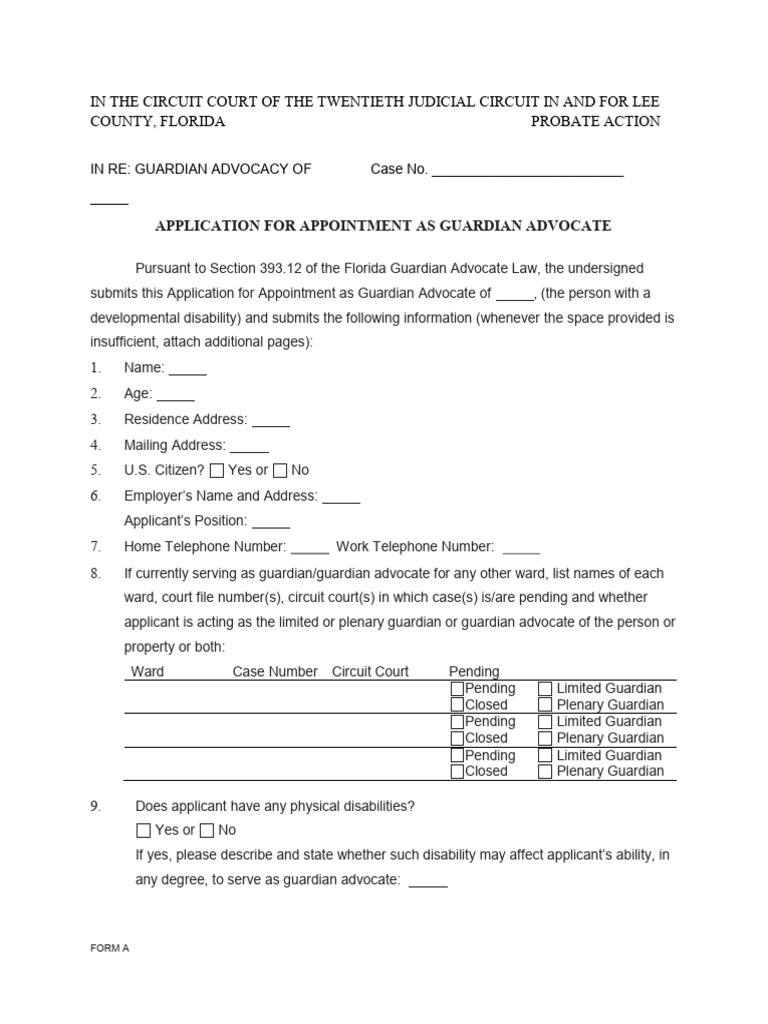 Application For Appointment As Guardian Advocate Form A | PDF | Legal ...