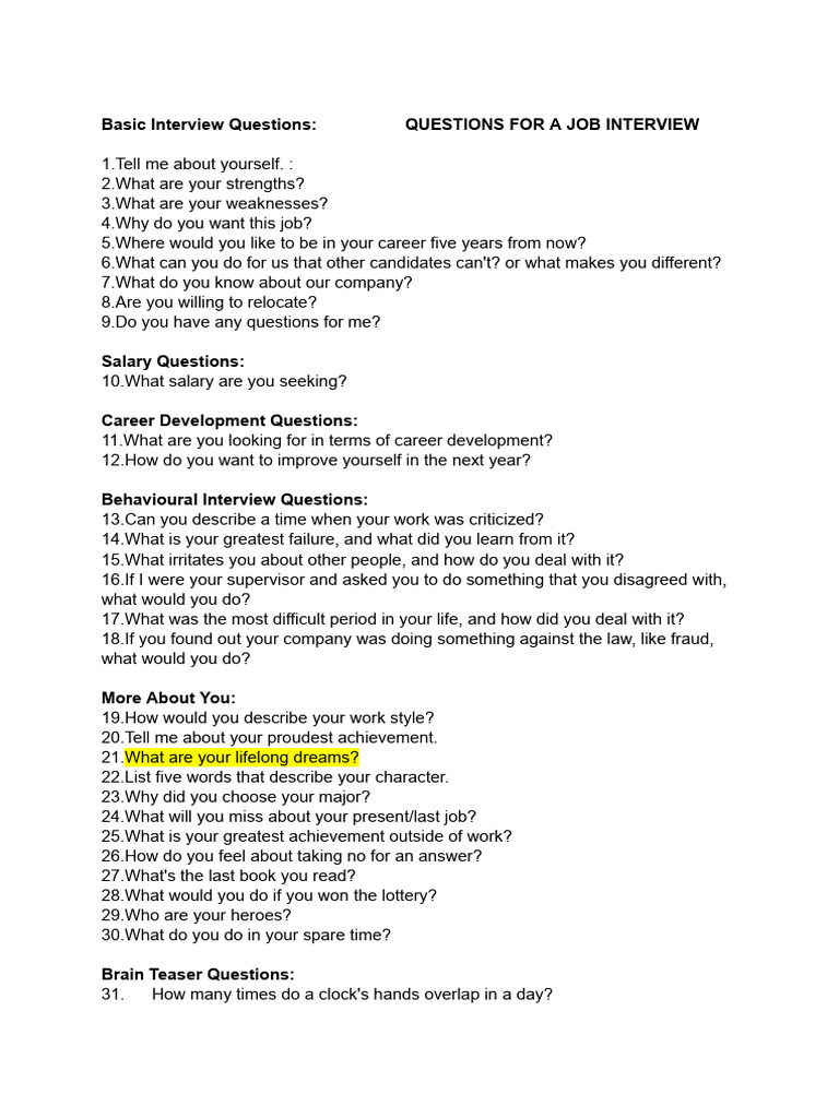 Questions For A Job Interview | PDF