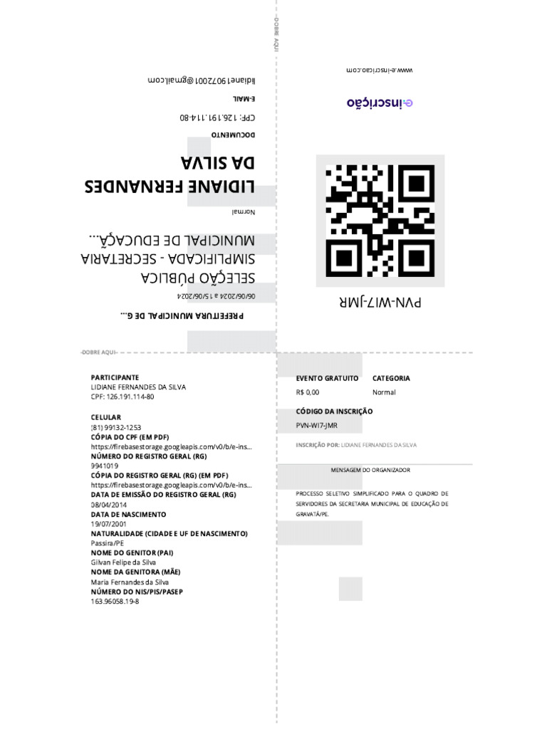 Comprovante Inscricao - PVN WI7 JMR | PDF