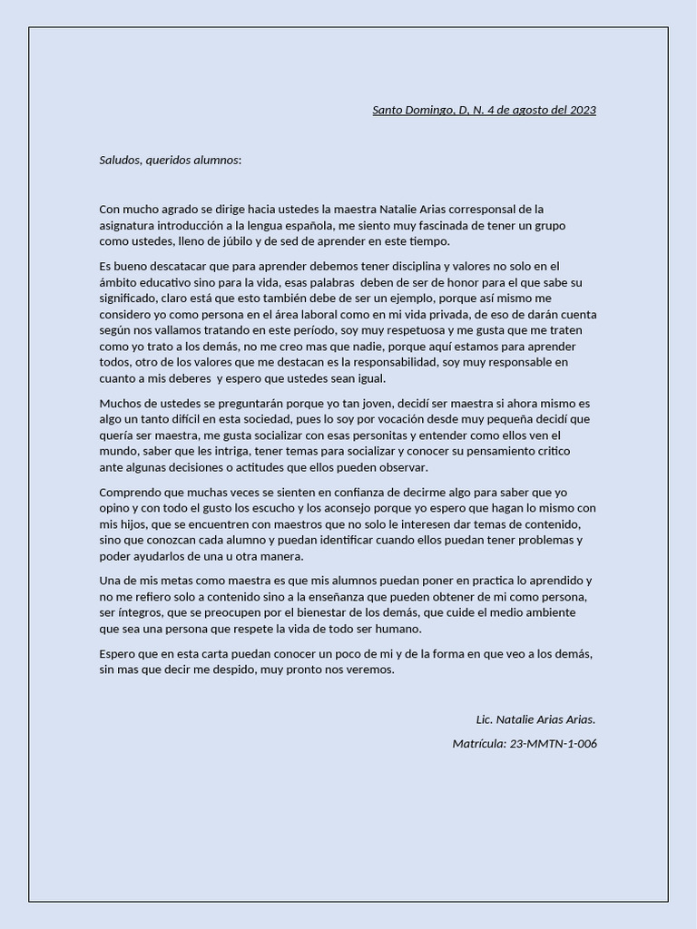 Carta A Mis Futuros Estudiantes LEWIS | PDF | Socialización | Enseñando