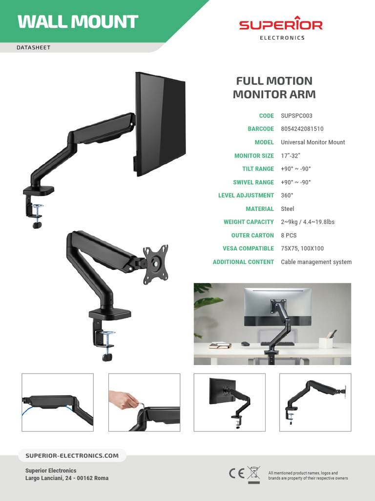 Full Motion Monitor Arm Datasheet | PDF