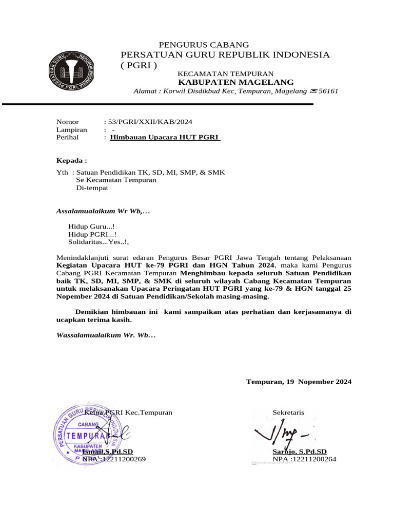 Himbauan Upacara HUT PGRI Ke-79 dan HGN 2024 | PDF