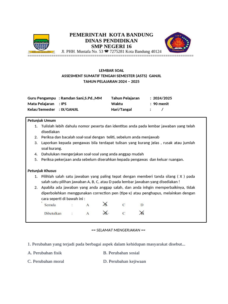 Soal Asts Ips Ix 2024 Ramdan Sani | PDF