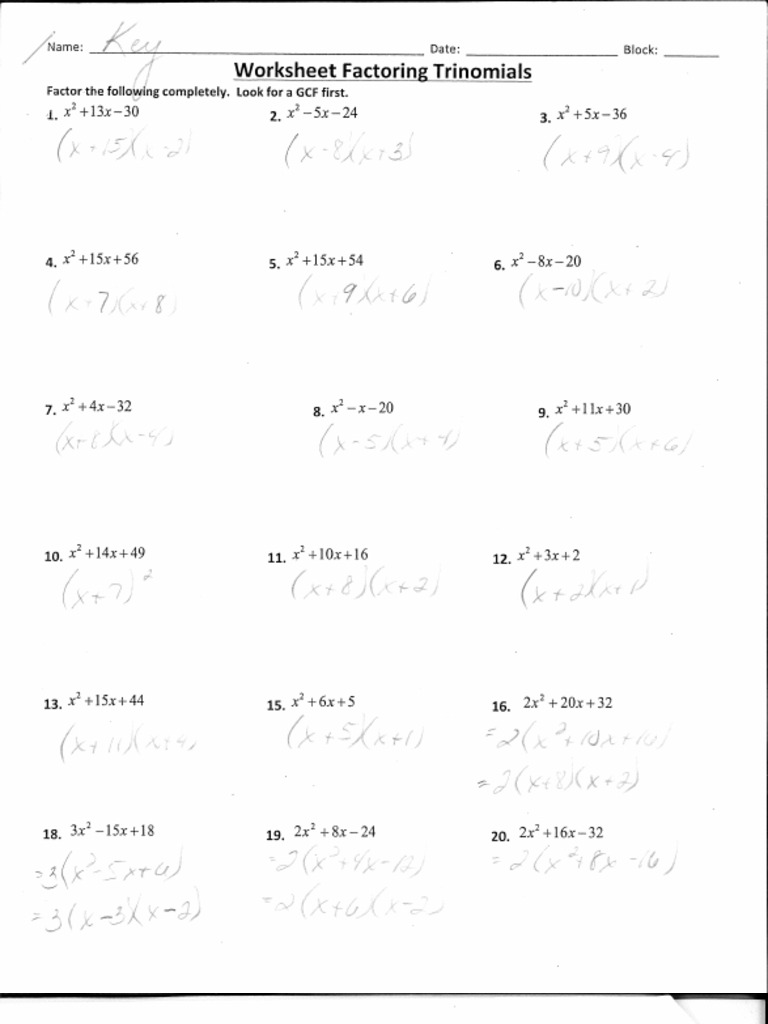 Factoring Trinomials Worksheet Key | PDF