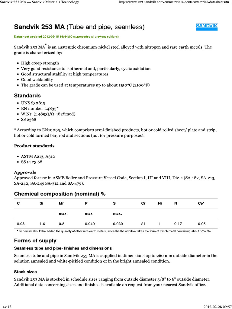 Data Sheet Sandvik 253MA | PDF