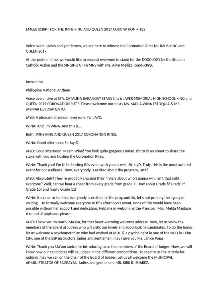 EMCEE SCRIPT FOR THE JMHS KING AND QUEEN 2017 CORONATION RITES | PDF ...