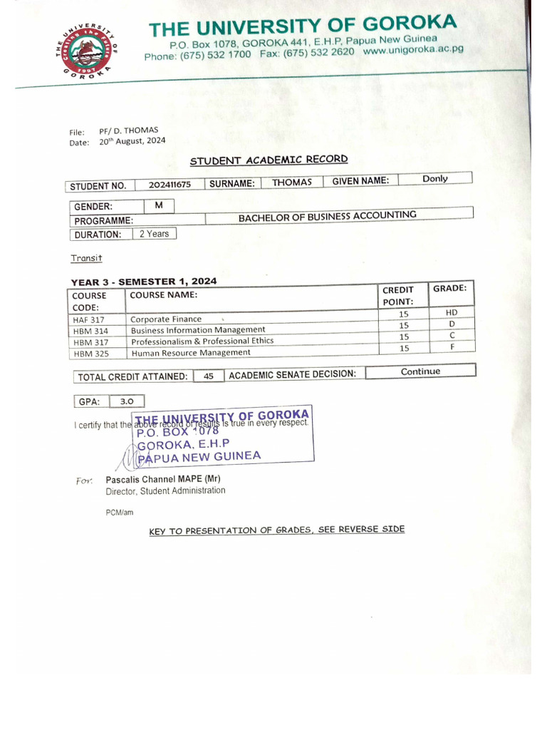 UOG Transcript | PDF