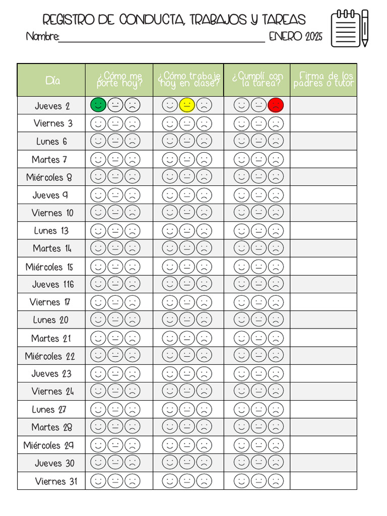 Registro de Conducta y Tareas Enero 2025 | PDF