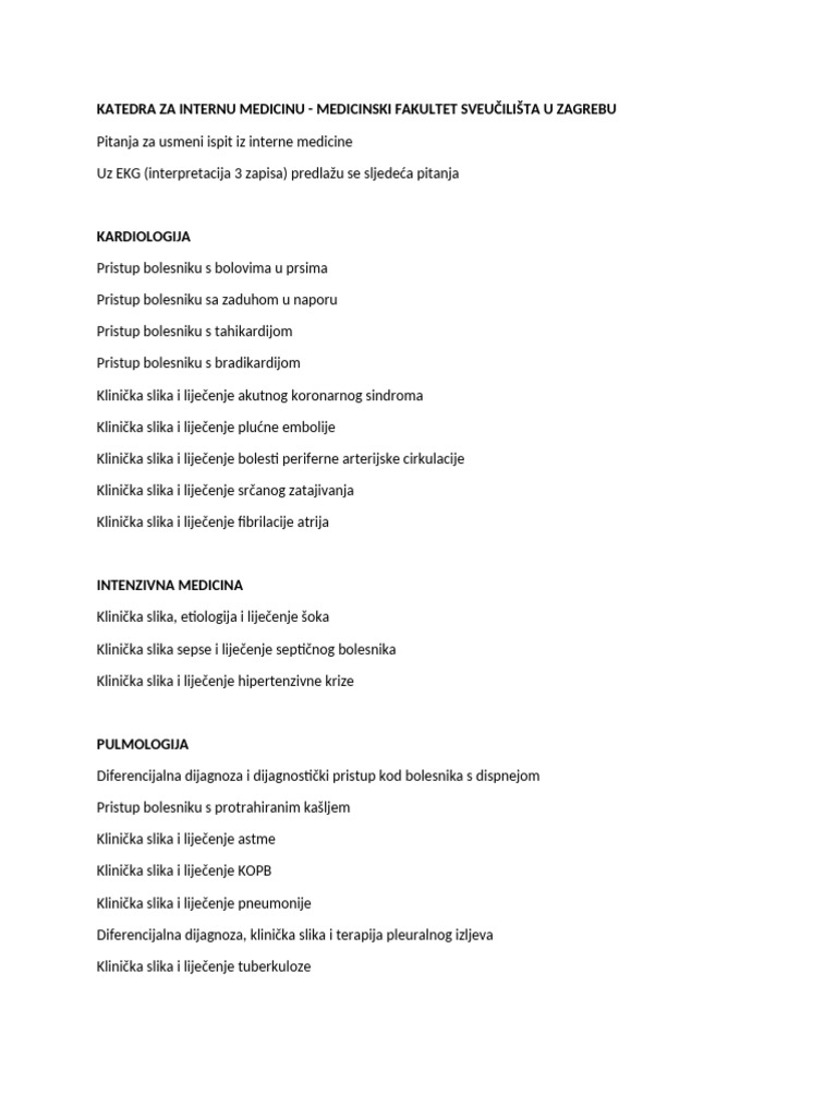 Pitanja Za Usmeni Ispit Iz Interne Medicine | PDF