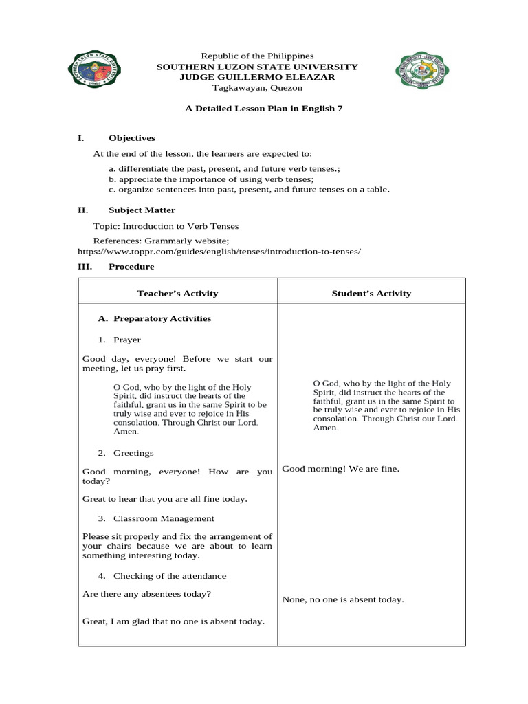 Lesson Plan 1 Introduction To Tense | PDF | Verb | Grammatical Tense