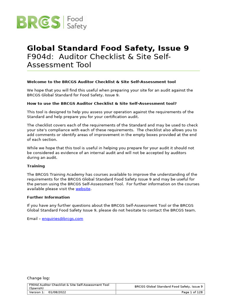 Check List BRC Food | PDF | Análisis de Riesgo y Puntos Críticos de ...