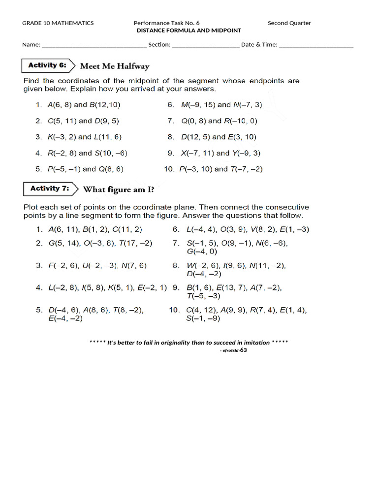 Performance Task NO.6 - Q2 Grade 10 - DISTANCE AND MIDPOINT | PDF
