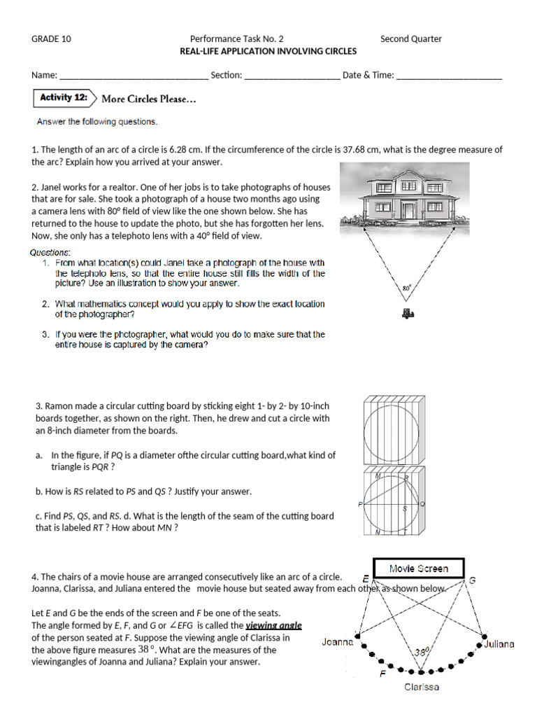 Grade 10 Circle Applications Task | PDF | Circle | Angle