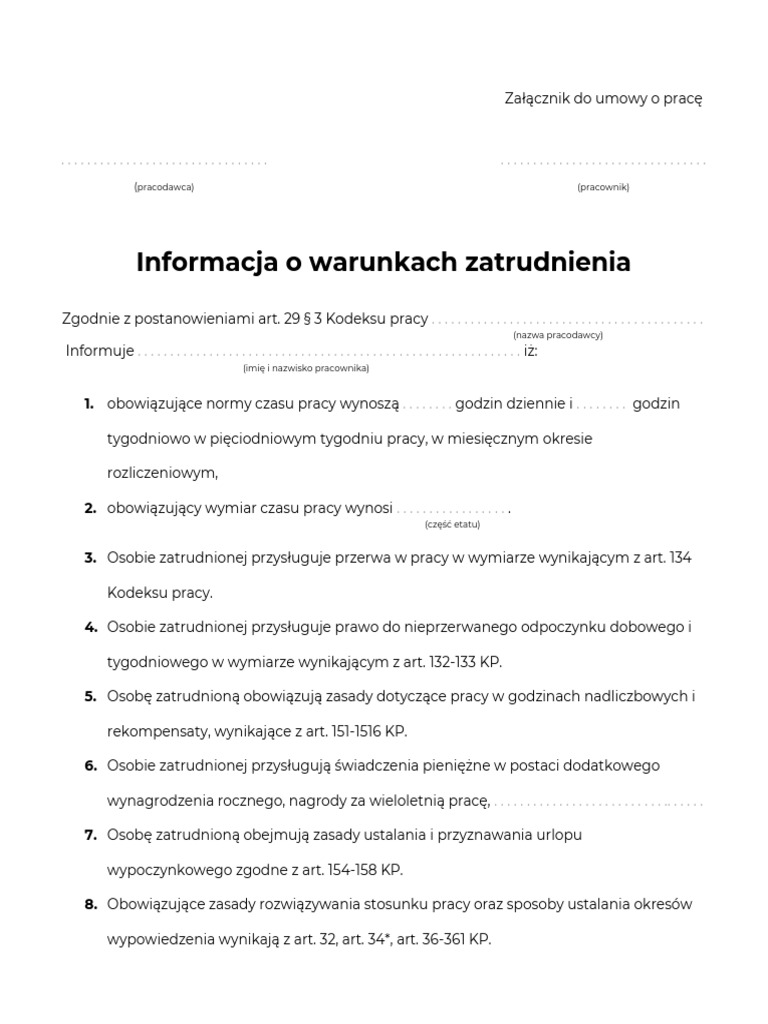 Wzór Informacji o Warunkach Zatrudnienia | PDF