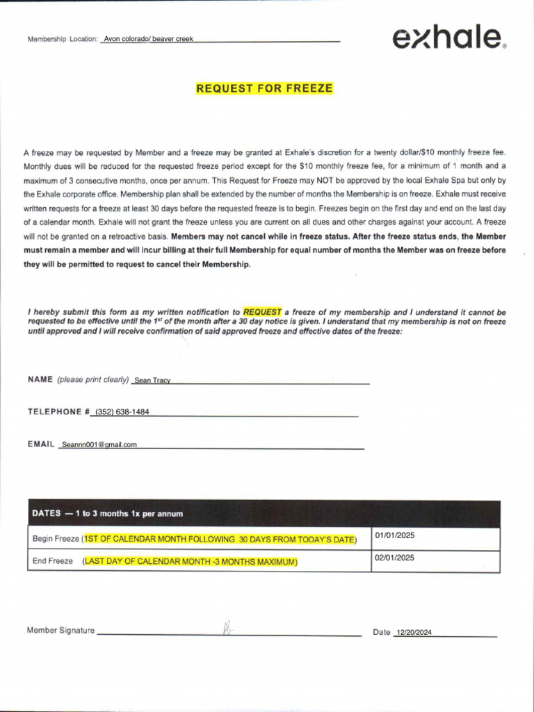 Membership Freeze Request Form-1 | PDF