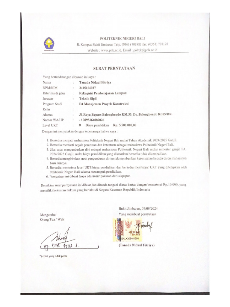 Surat Pernyataan PNB Tanada | PDF