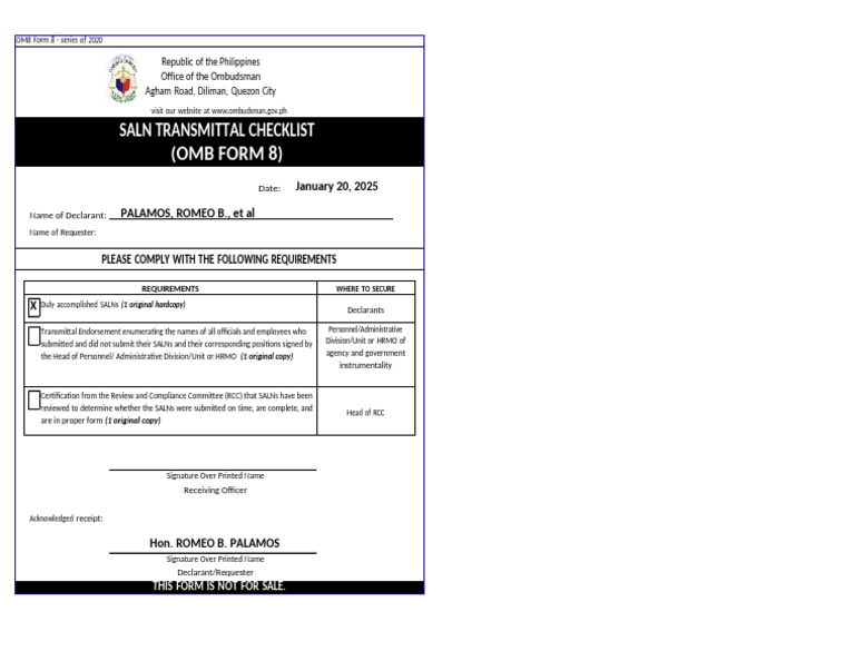 OMB Form 8 - SALN Transmittal Checklist | PDF