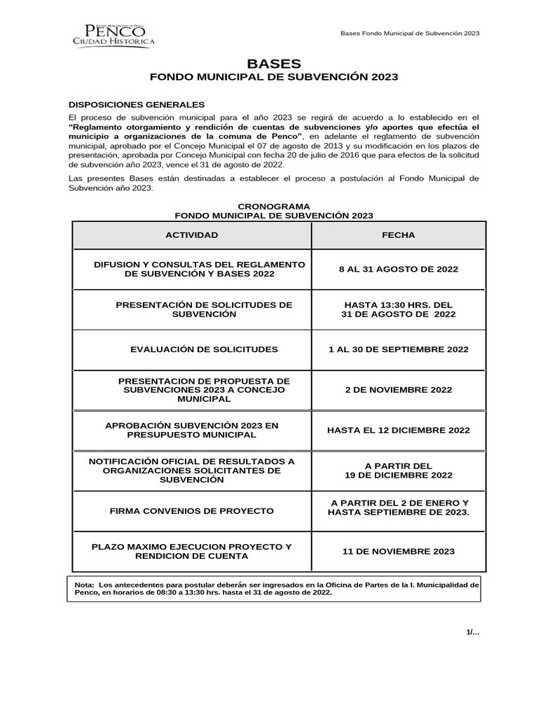 Bases Subvención Municipal Penco 2023 | PDF | Documento de identidad ...