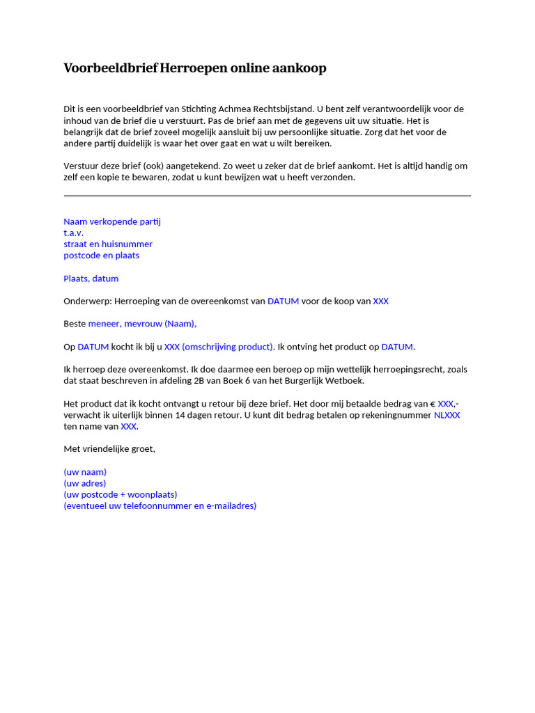 Voorbeeldbrief Herroepen Online Aankoop | PDF