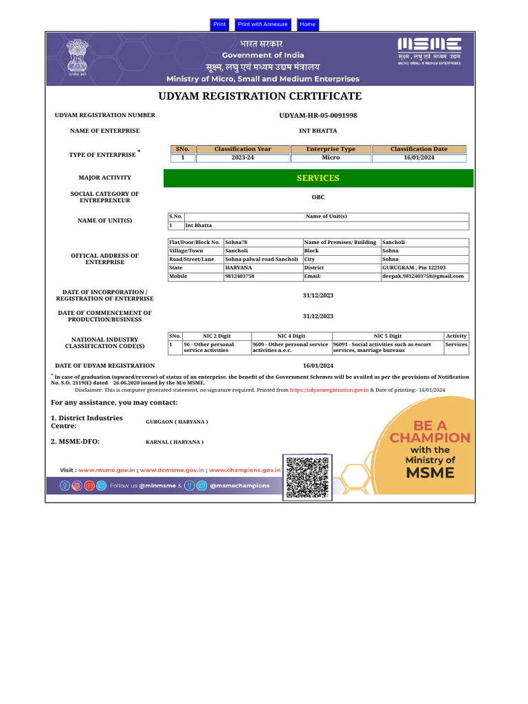 Udyam Registration Certificate for Int Bhatta | PDF