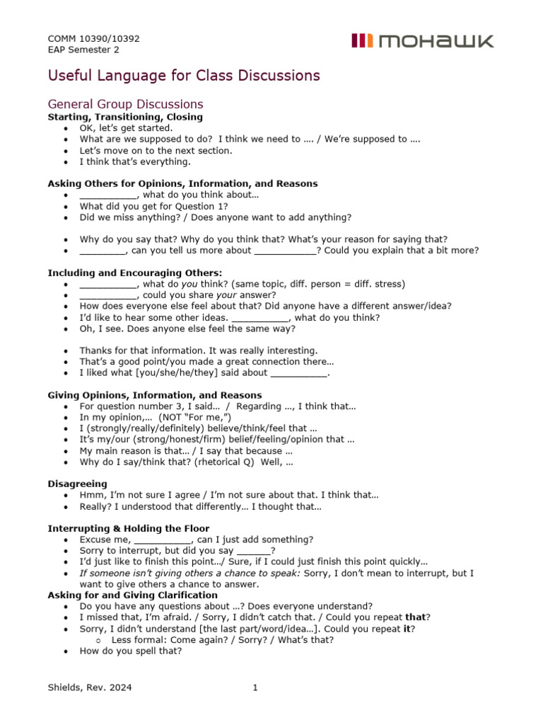 Useful Language For Class Discussions | PDF | Cognition | Human ...