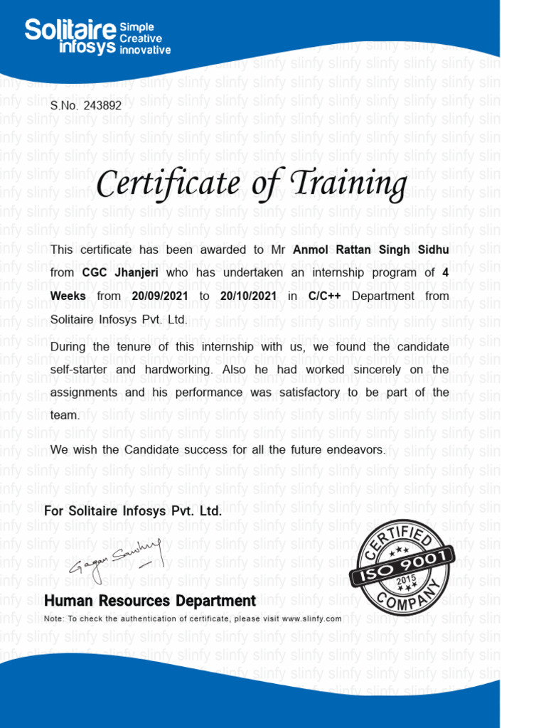 Internship Certificate for C/C++ Training | PDF