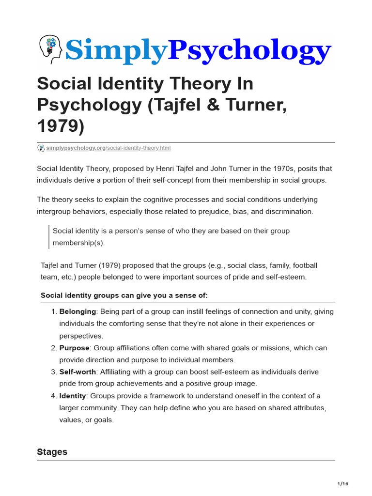 Social Identity Theory in Psychology Tajfel Amp Turner 1979 | PDF ...