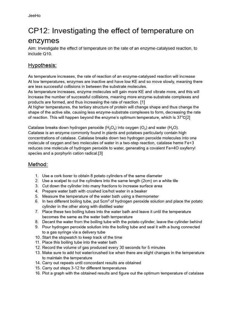 CP12 The Effect of Temperature On Enzymes | PDF | Catalase | Enzyme