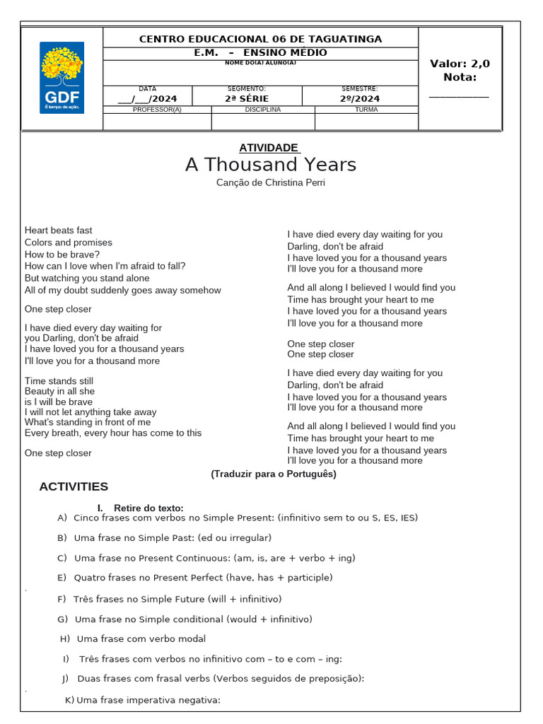 Exercícios A Thousand Years | PDF | Grammar | Linguistic Typology