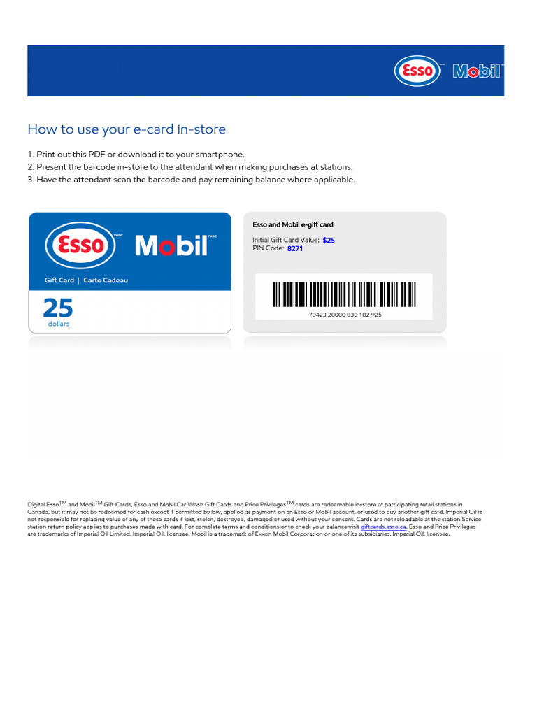 Esso Gift and Savings Card Download | PDF