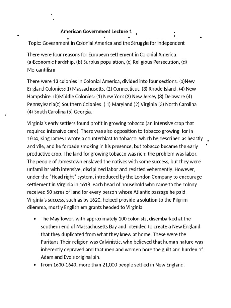 American Government Lecture 1 | PDF | Thirteen Colonies | Continental ...
