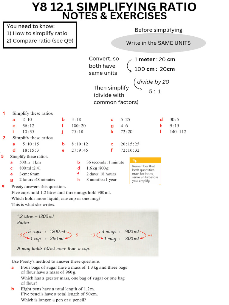 Y8 12.1 Simplifying Ratio | PDF