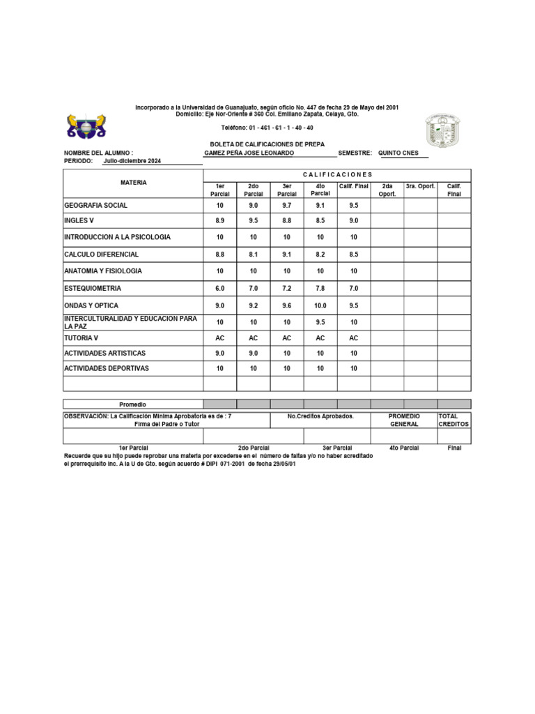 Boleta de Calificaciones Preparatoria | PDF