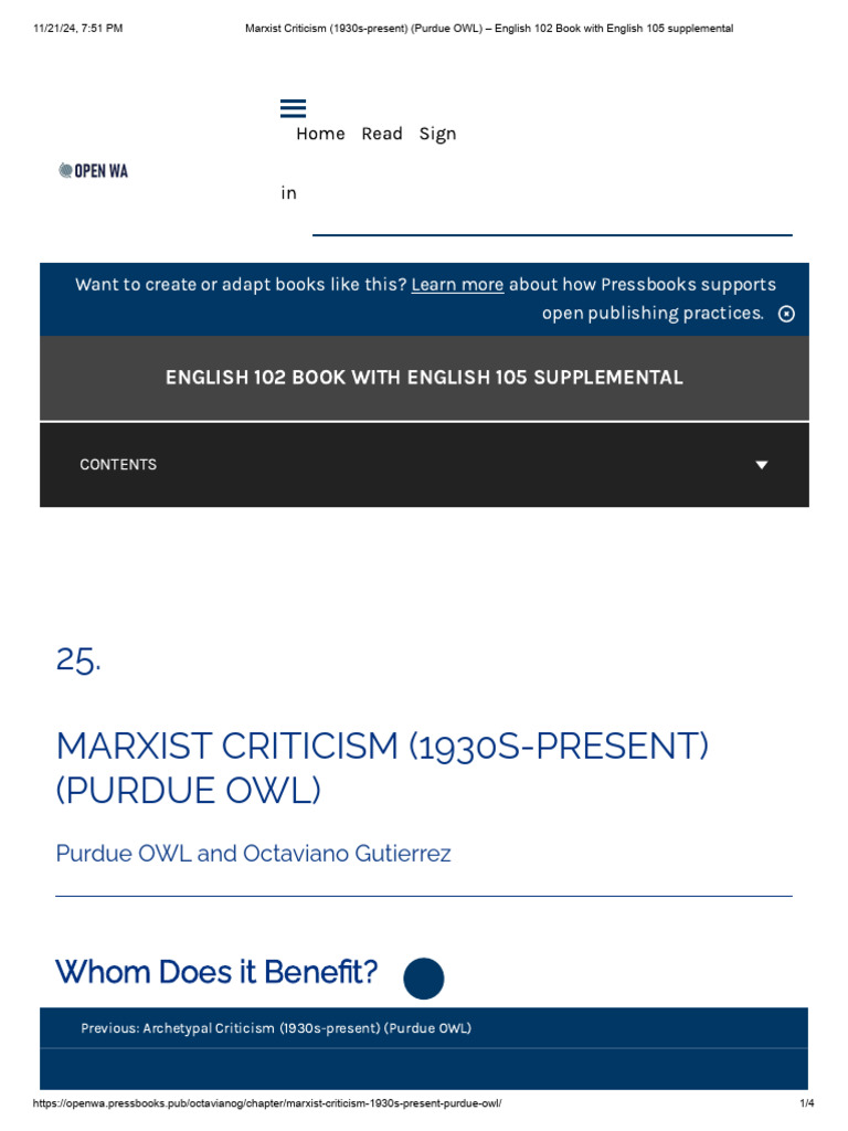 Marxist Criticism (1930s-Present) (Purdue OWL) - English 102 Book With ...