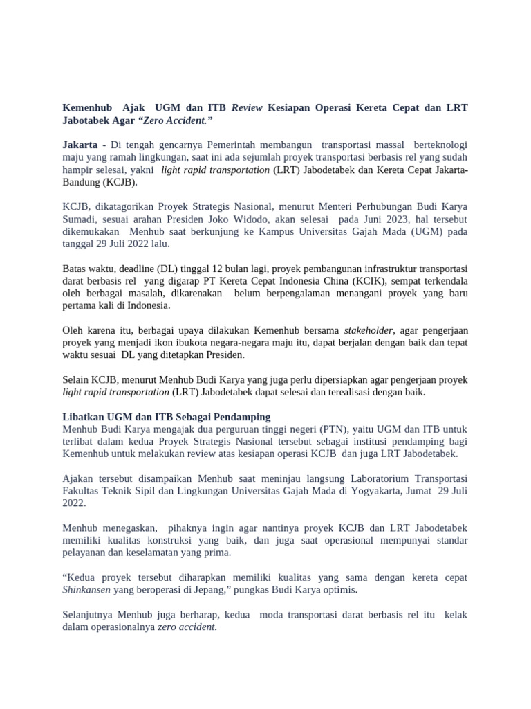 Menhub Libatkan UGM Dan ITB Dalam Review Proyek KCJB Dan LRT | PDF