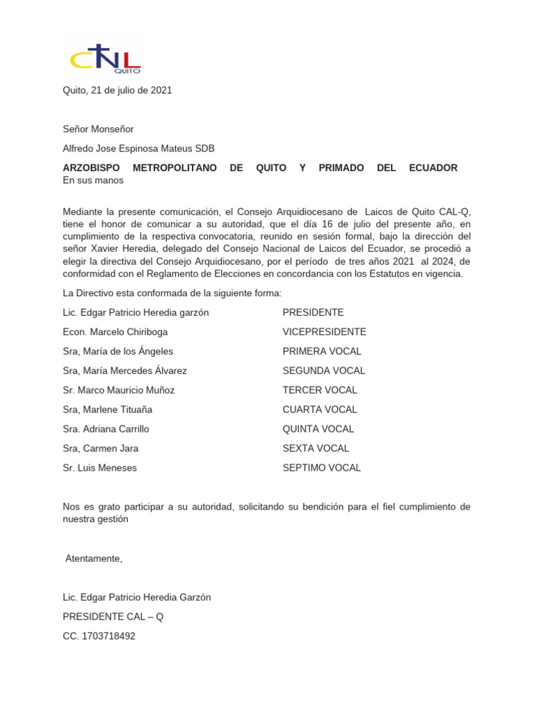 2021 Directorio CNL Q Carta A Monseñor Jose Espinoza | PDF