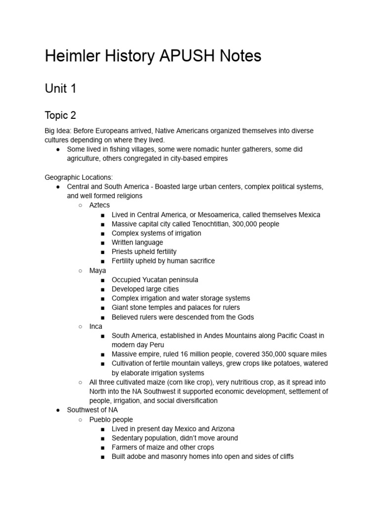 Unit 1 Heimler Notes - APUSH | PDF | Christopher Columbus | Spanish Empire