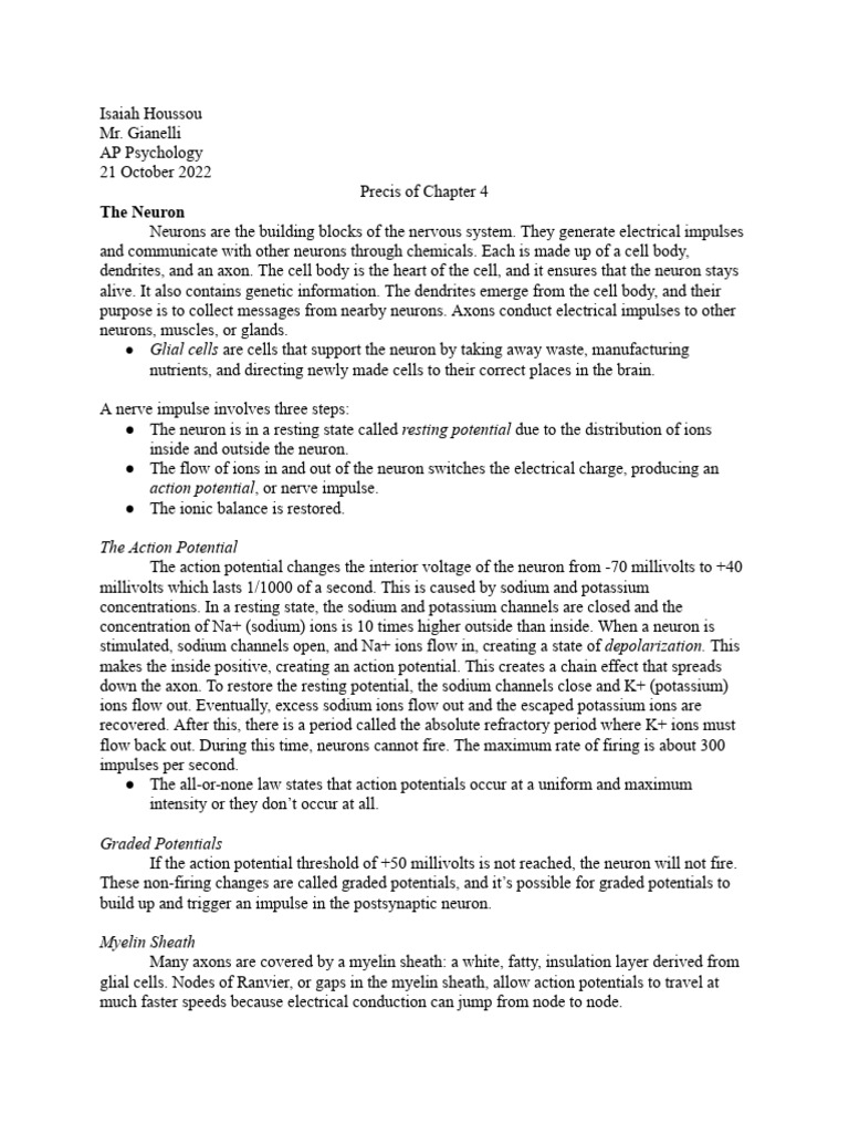 Chapter 4 Precis - Psychology | PDF | Action Potential | Neurotransmitter
