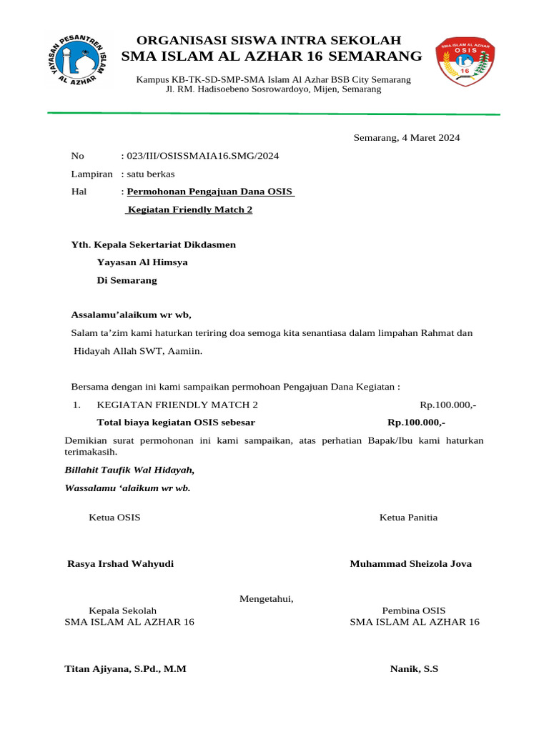 Surat Pengajuan Dana Friendly Match 2. | PDF