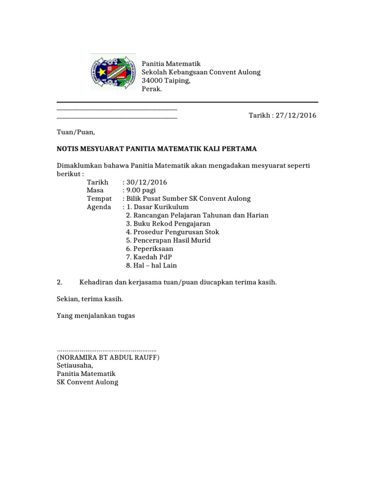 Notis Mes Panitia Mat Pertama | PDF