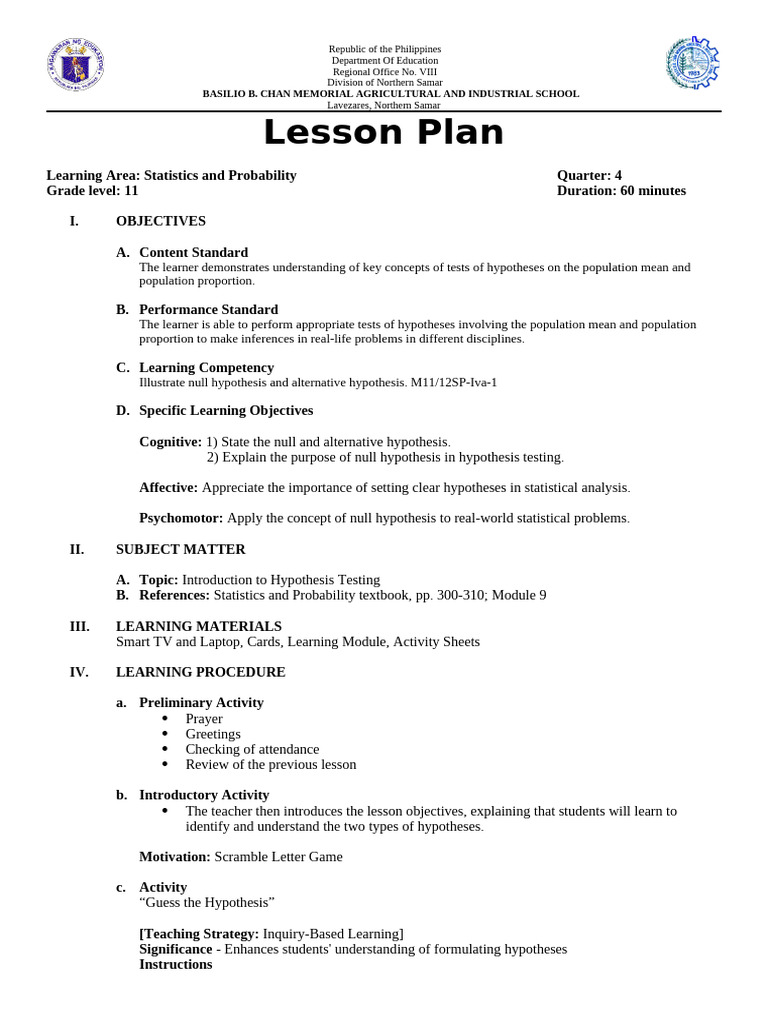 Lesson Plan in Statistics | PDF | Hypothesis | Statistical Hypothesis ...