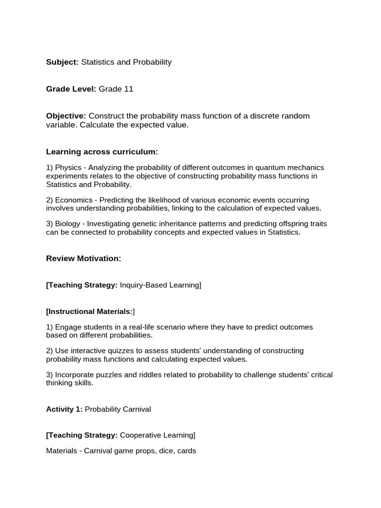 Probability Mass Functions & Expected Value | PDF | Probability | Expected Value