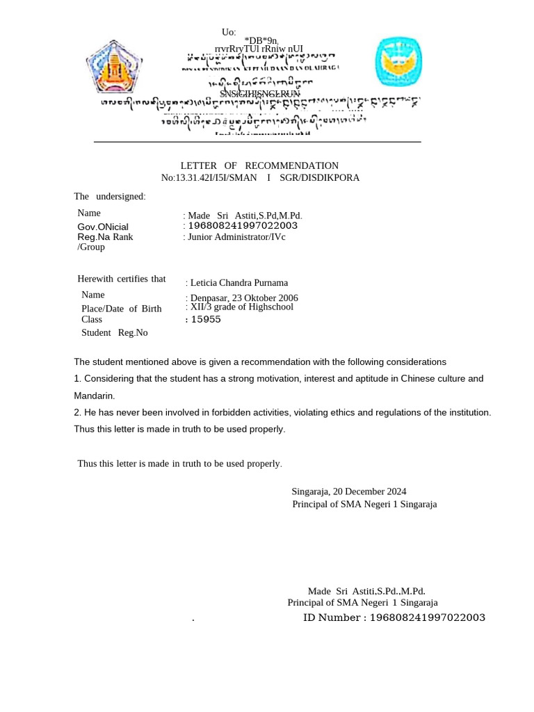 Letter of Recommendation Leticia Chandra Purnama | PDF